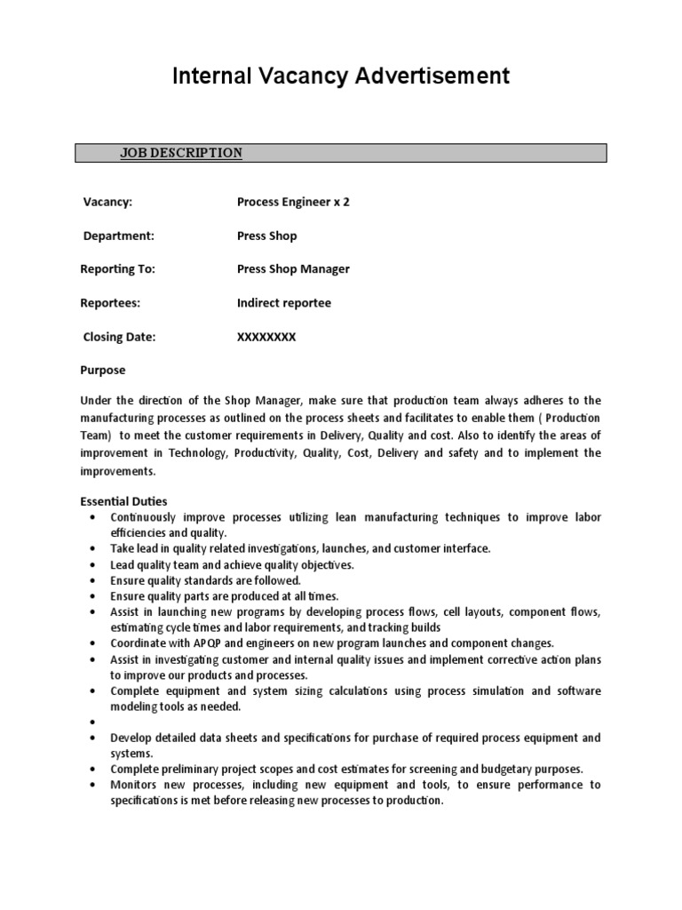 Revised JD Process Engineers - Press Shop | PDF | Quality (Business ...
