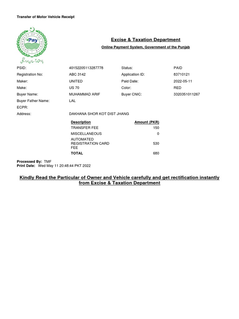 Transfer of Motor Vehicle | PDF