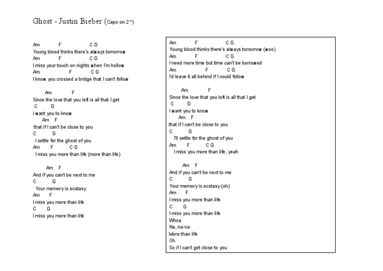 Ghost Justin Bieber Chords | PDF | Justin Bieber | Pop Music