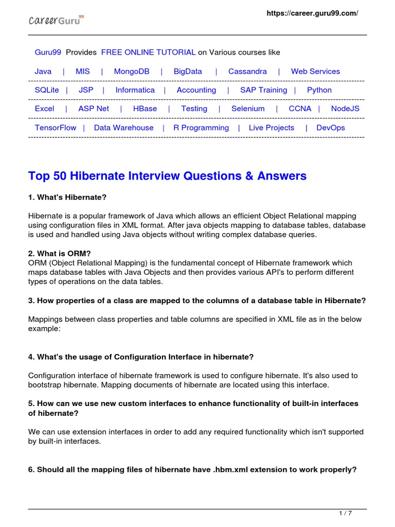 Top 50 Hibernate Interview Questions And Answers Pdf Databases Information Technology Management
