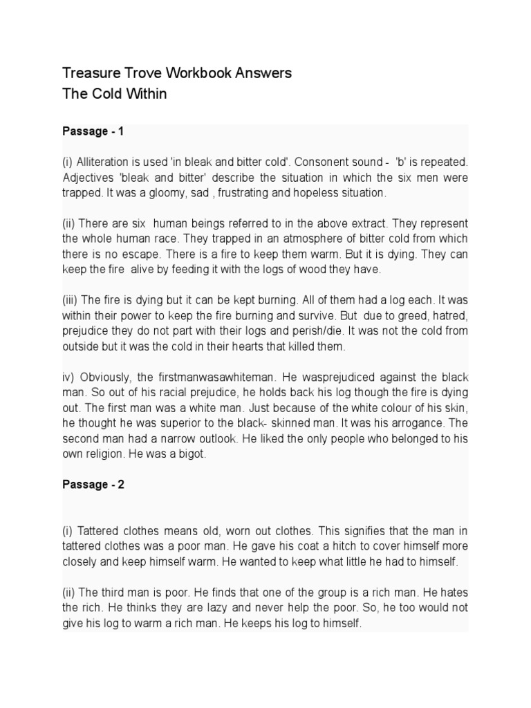 Treasure Trove Workbook Answers The Cold Within: Passage - 1 | PDF