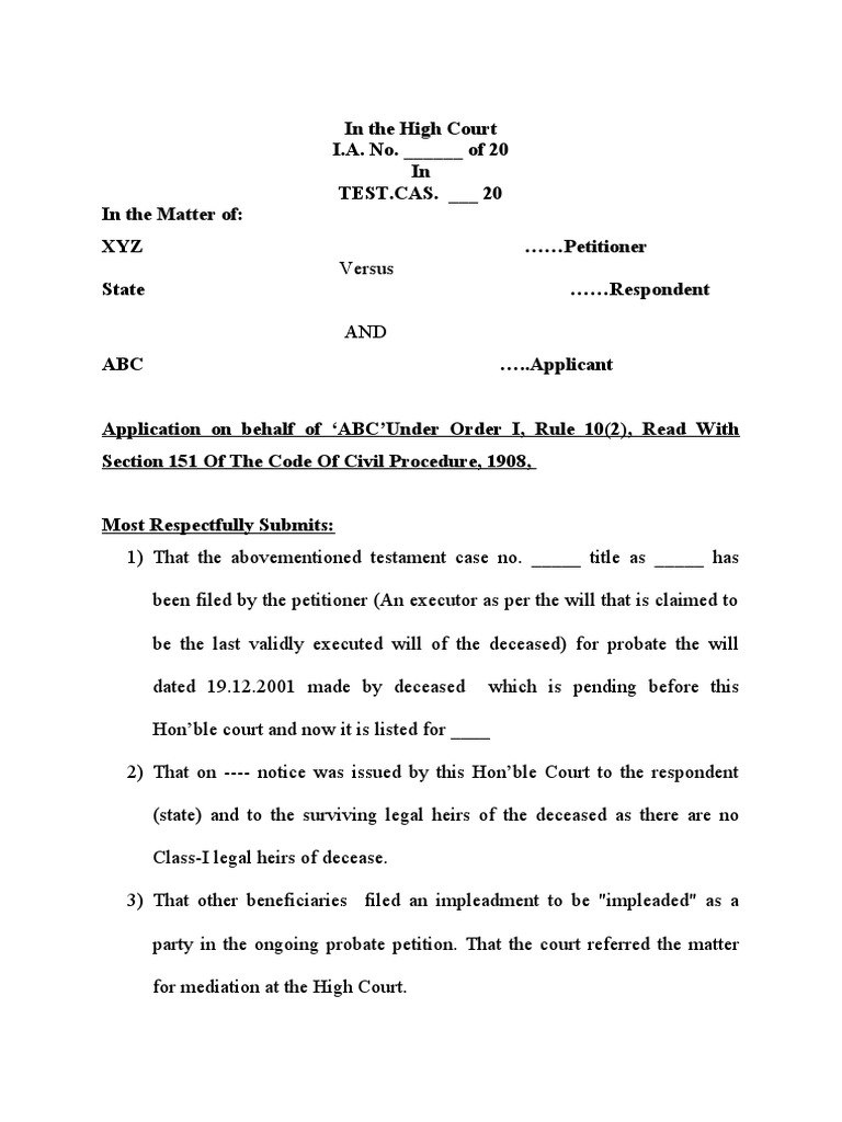 Impleadment Application | PDF | Probate | Legal Procedure