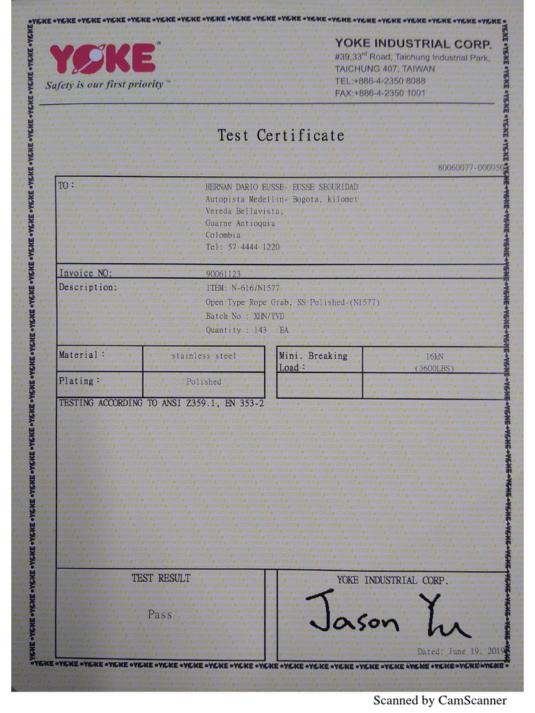 Certificado Freno N-616 YOKE | PDF