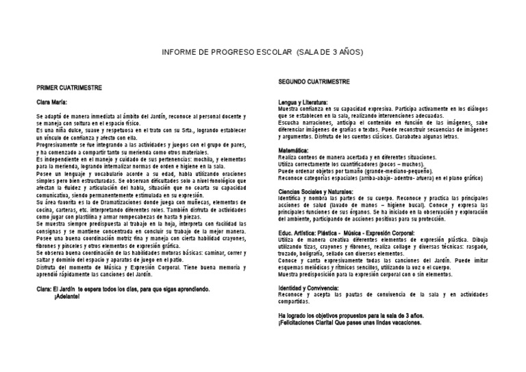 Modelo Informe Progreso Sala de 3 | PDF | Cognición