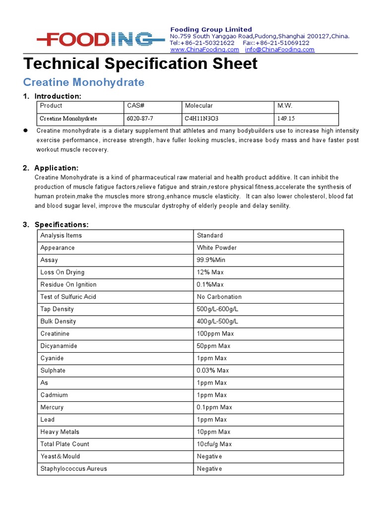 Technical Specification Sheet: Creatine Monohydrate | Download Free PDF ...