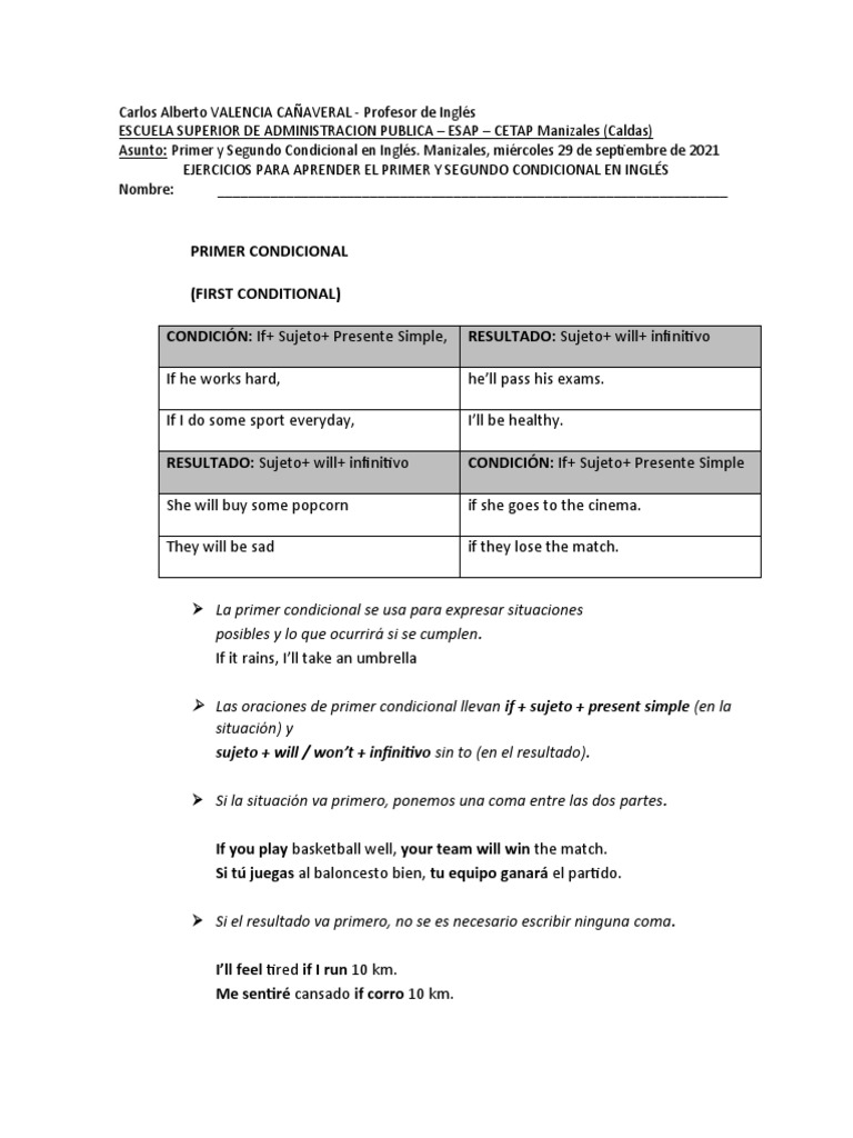Ejercicios de Primer y Segundo Condicional | PDF