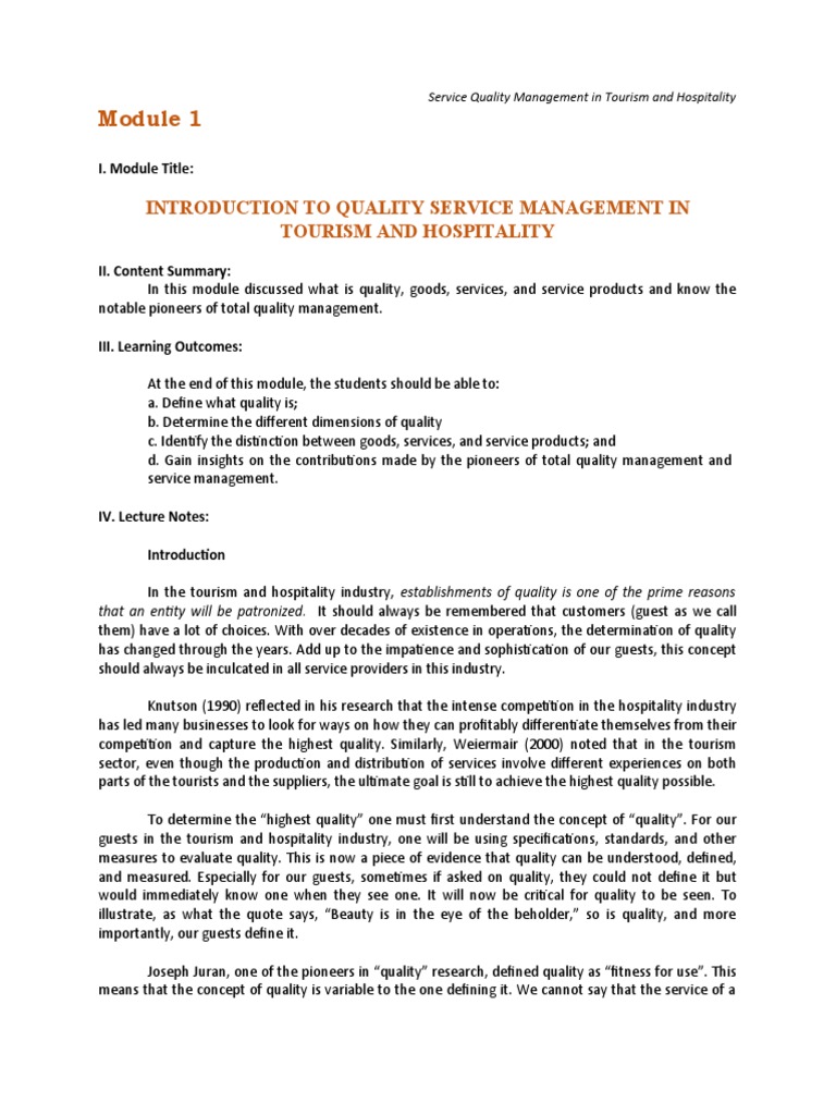 Module 1 Service Quality Management in Tourism and Hospitality | PDF ...