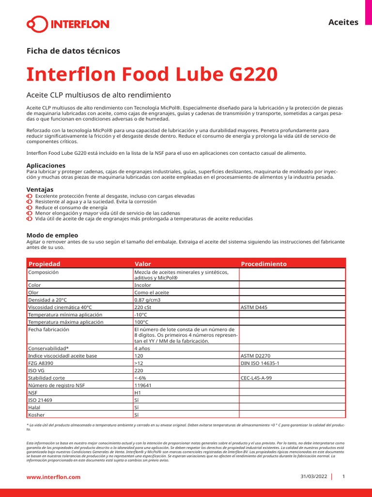 Interflon Food Lube G220 | PDF | Engranaje | Lubricante