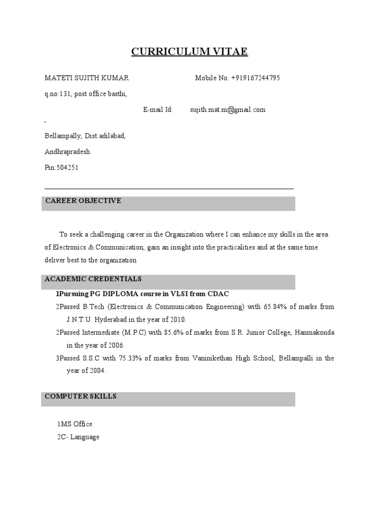 Mateti Sujith Kumar CV - Electronics Engineer | PDF