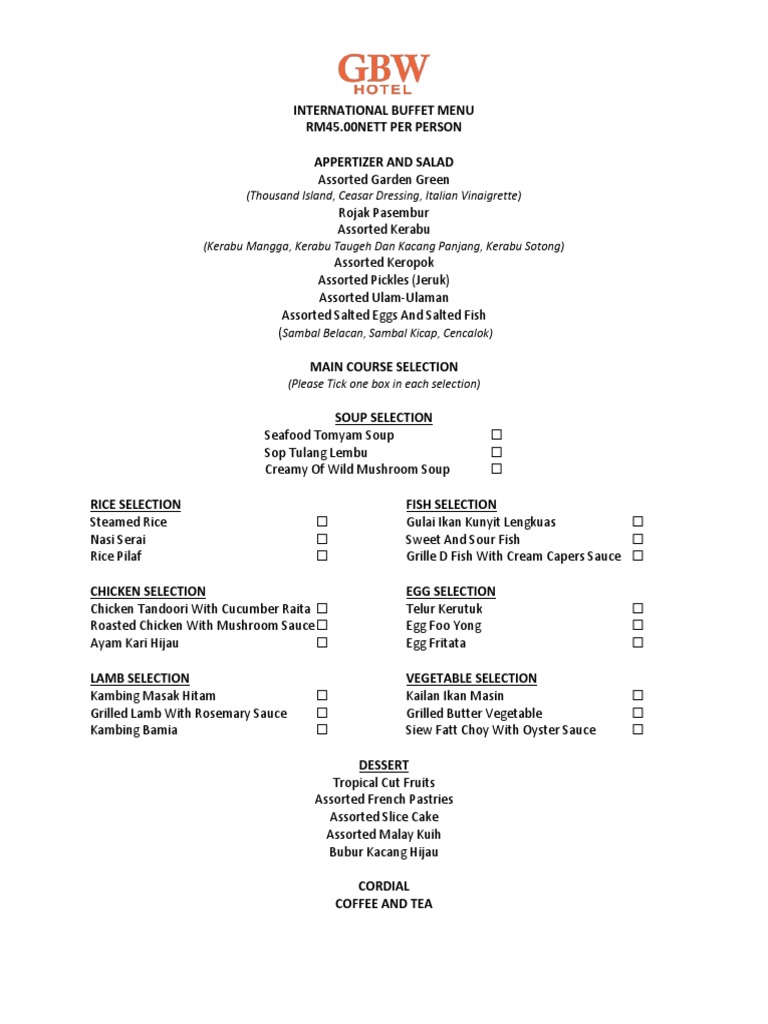 International Buffet Menu Options | PDF | Food And Drink | Cooking