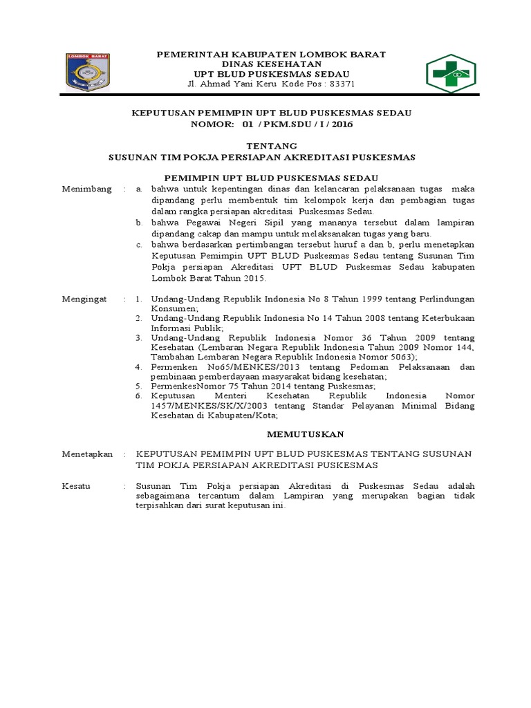 Susunan Pokja Puskesmas | PDF