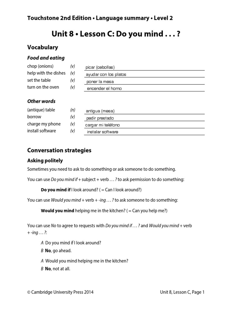 Unit 8 - Lesson C: Do You Mind - . - ?: Touchstone 2nd Edition - Language Summary - Level 2 | PDF