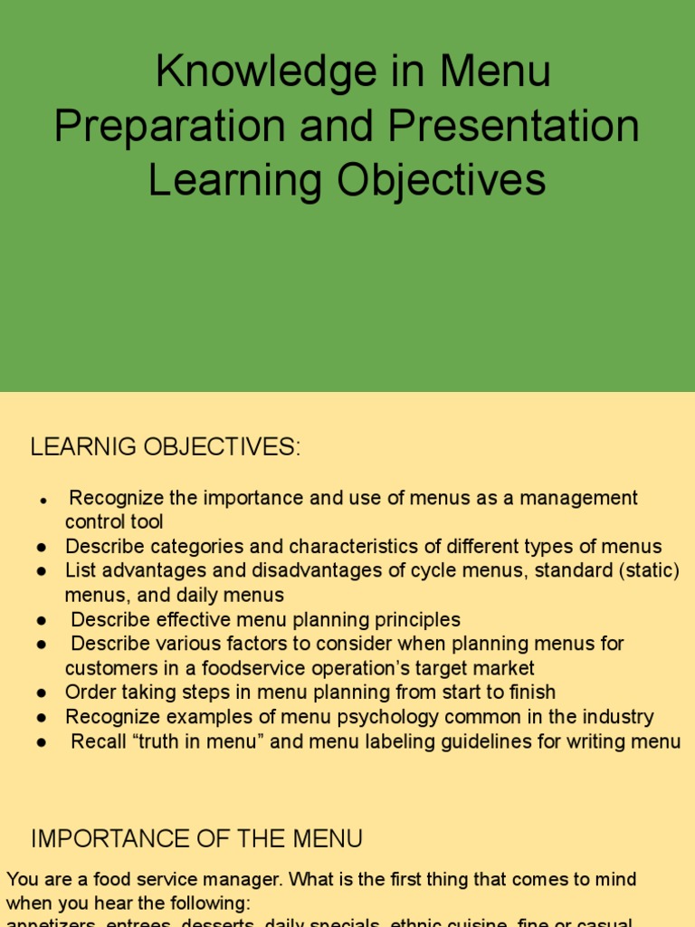 Knowledge in Menu Preparation and Presentation Learning Objectives ...