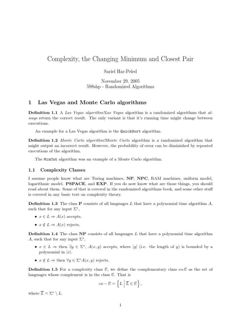 Complexity, The Changing Minimum and Closest Pair: 1 Las Vegas and Monte Carlo Algorithms | PDF ...