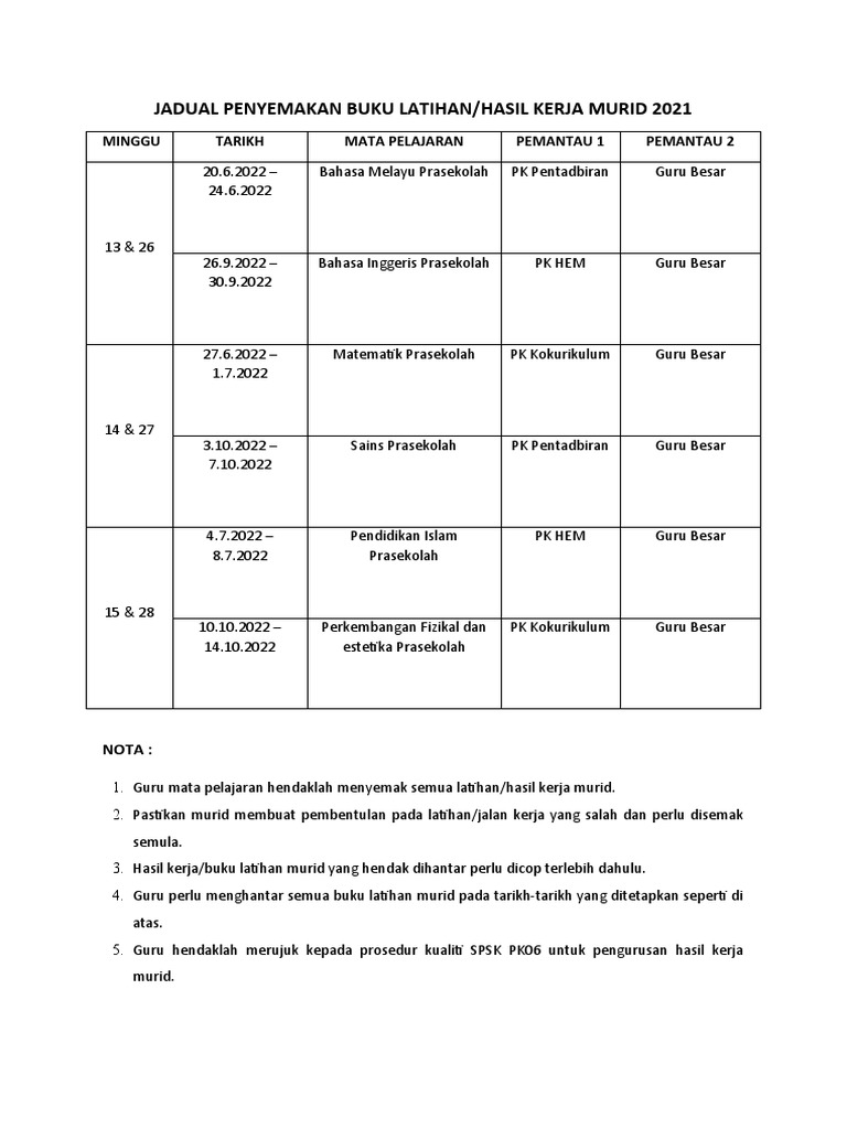 Jadual Semakan Buku Latihan Murid | PDF