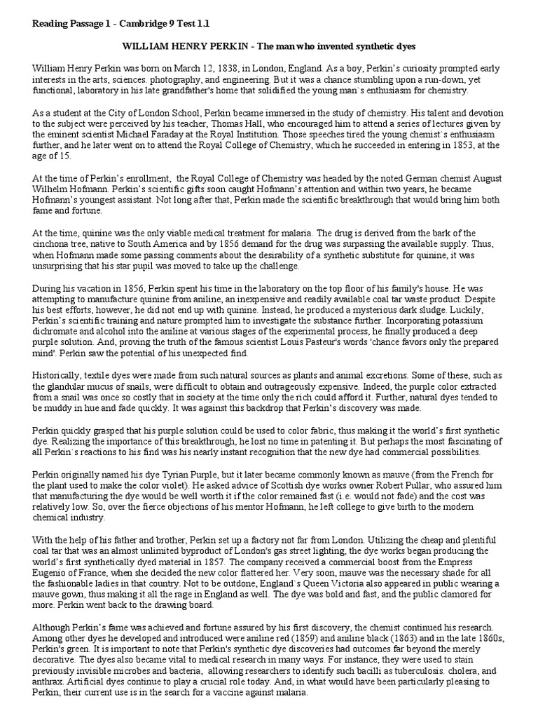 Reading Passage 1 - Cambridge 9 Test 1.1 WILLIAM HENRY PERKIN - The Man ...