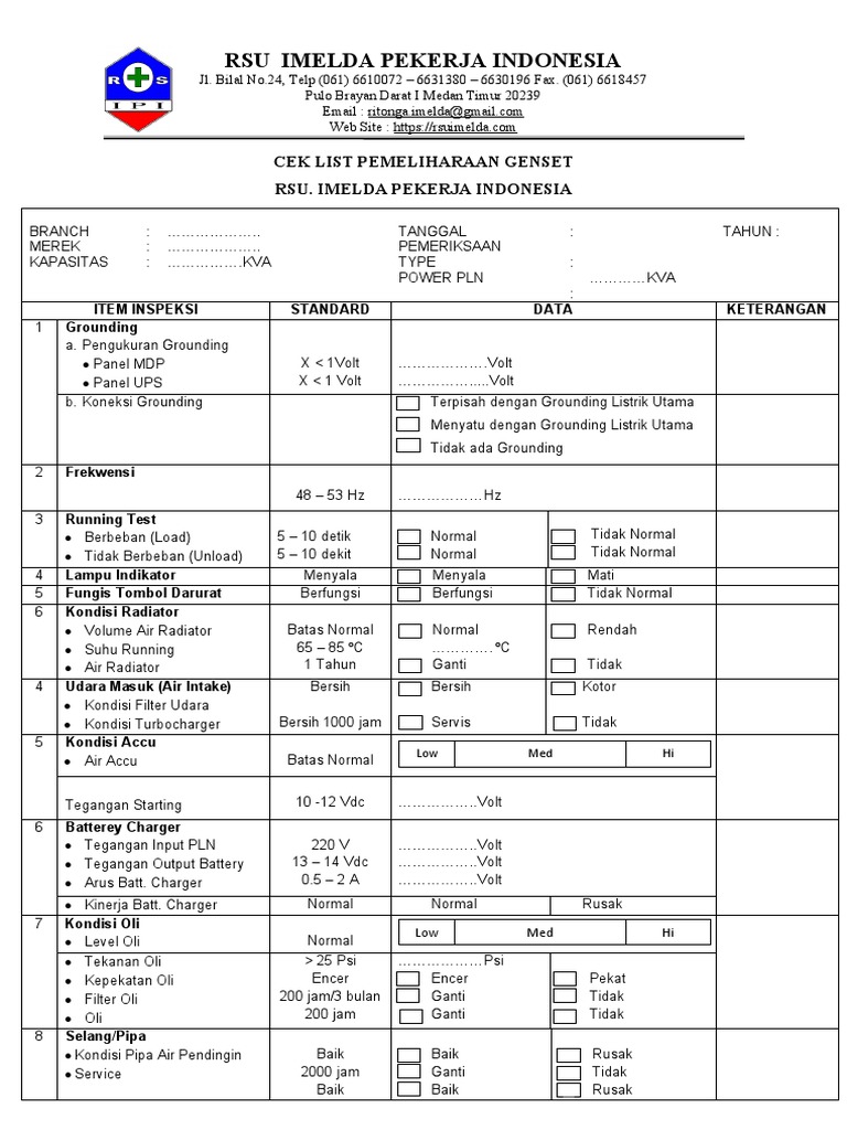Form Checklist Pemeliharaan Genset | PDF