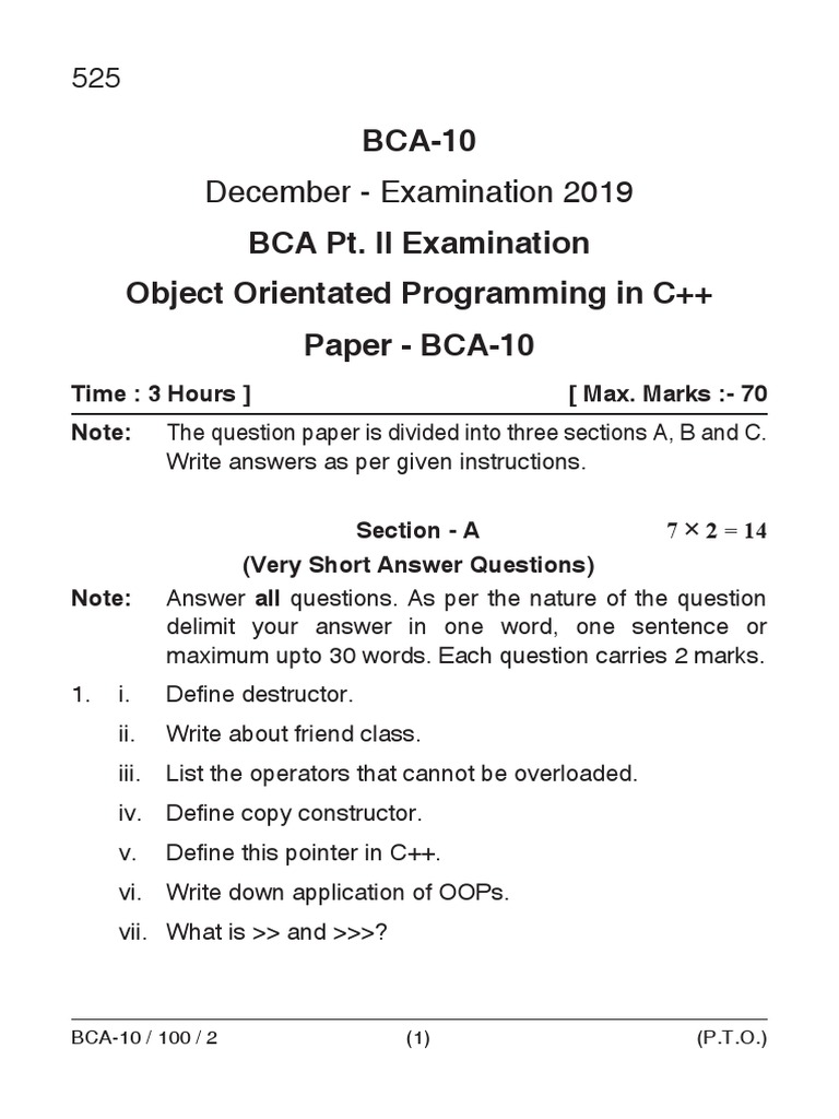 BCA-10 BCA Pt. II Examination Object Orientated Programming in C++ ...