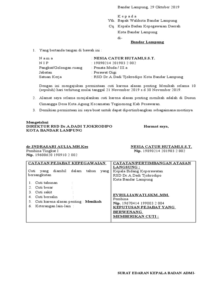 Contoh Surat Cuti Menikah | PDF