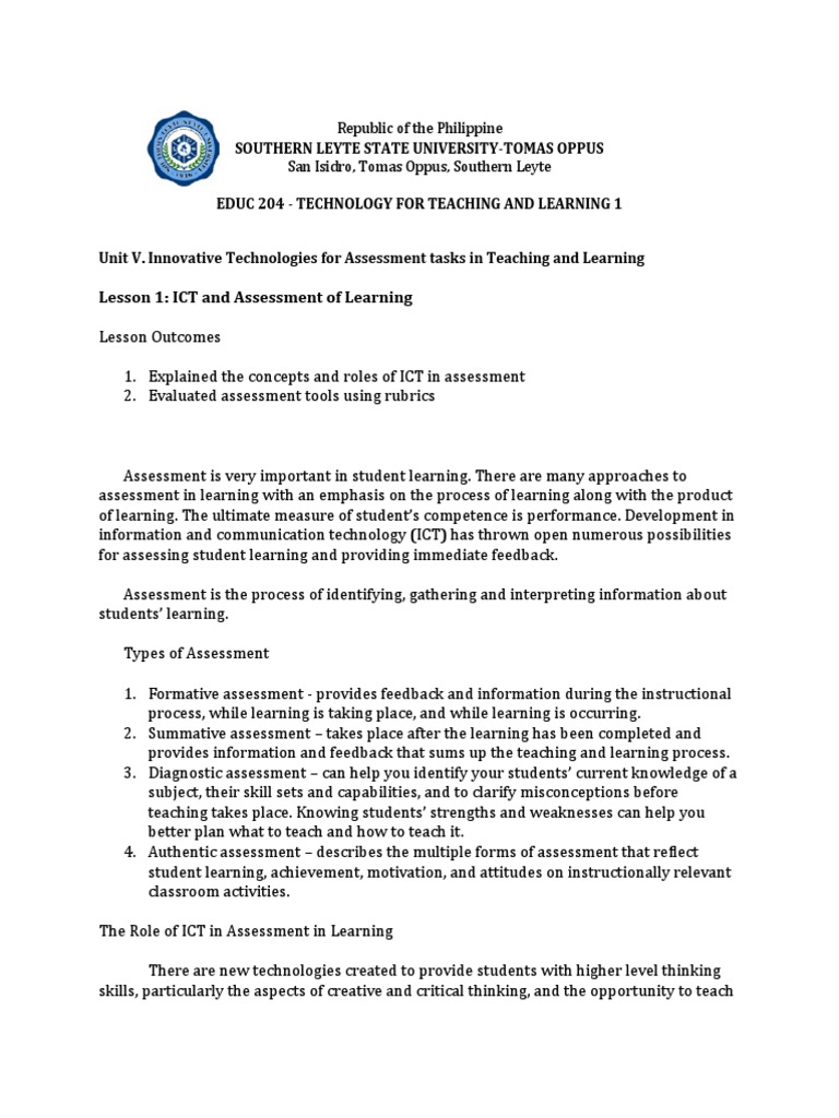 Lesson 1: ICT and Assessment of Learning | PDF | Educational Technology ...