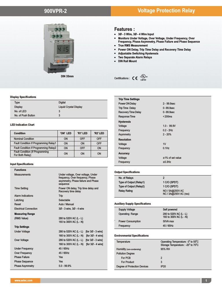 Voltage Protection Relay 900VPR-2: Features | PDF | Relay | Alternating ...