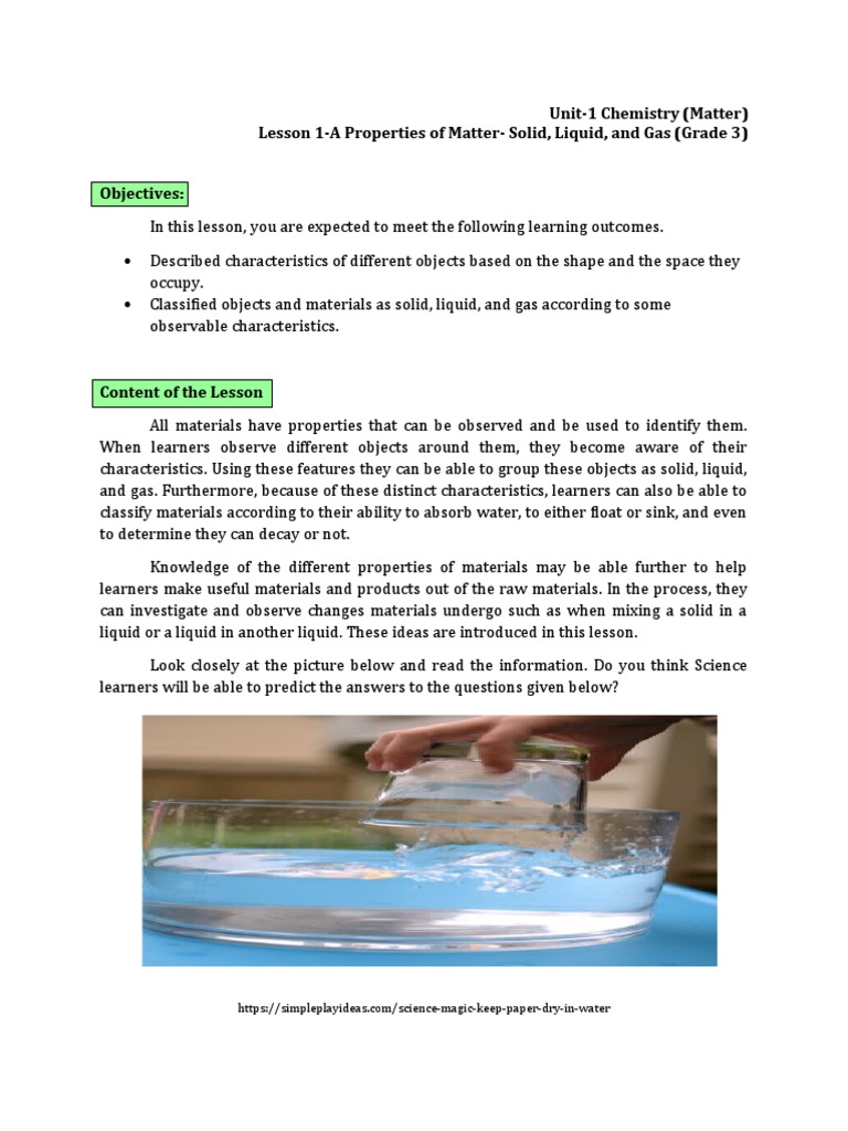 Unit-1 Chemistry (Matter) Lesson 1-A Properties of Matter-Solid, Liquid ...