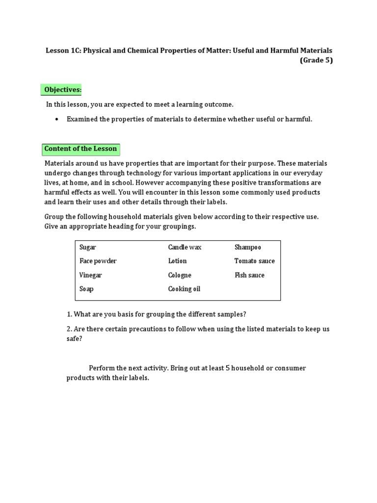 Lesson 1C: Physical and Chemical Properties of Matter: Useful and ...