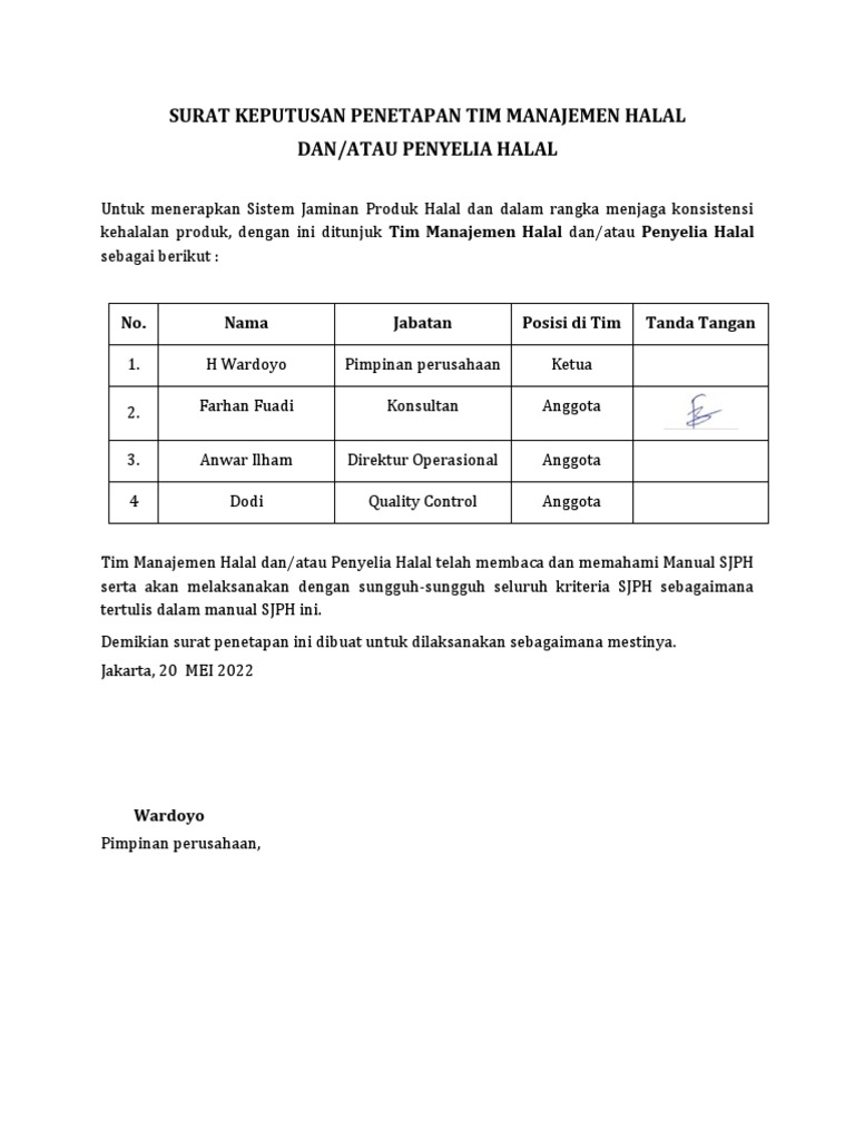 Surat Keputusan Penetapan Tim Manajemen Halal Bawang Goreng Wanatawang ...