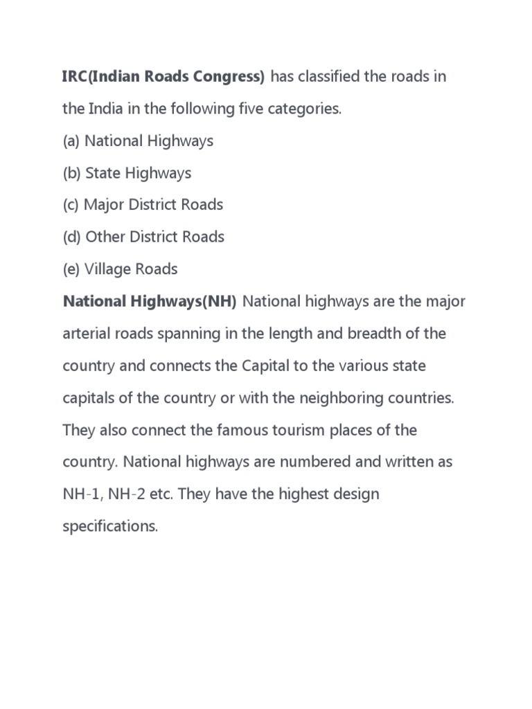 IRC (Indian Roads Congress) Has Classified The Roads in | PDF