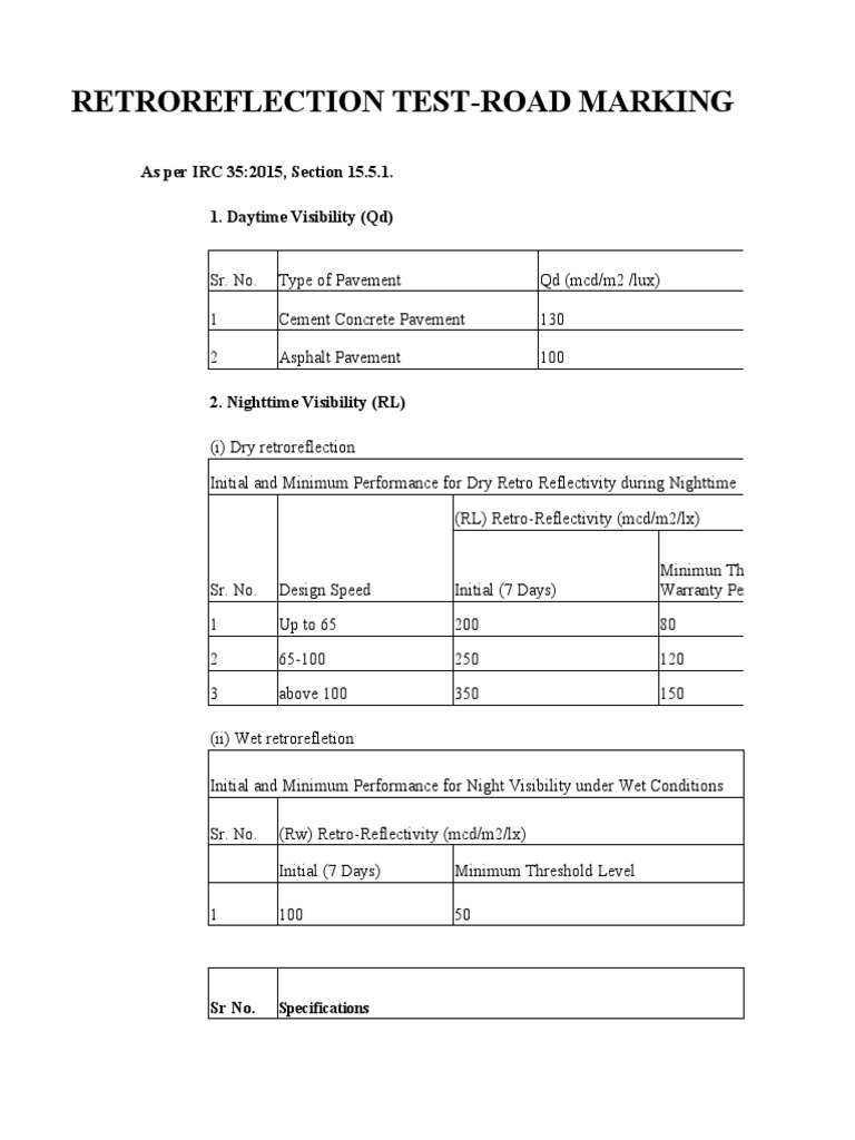 Retroreflection Test-Road Marking: As Per IRC 35:2015, Section 15.5.1 ...