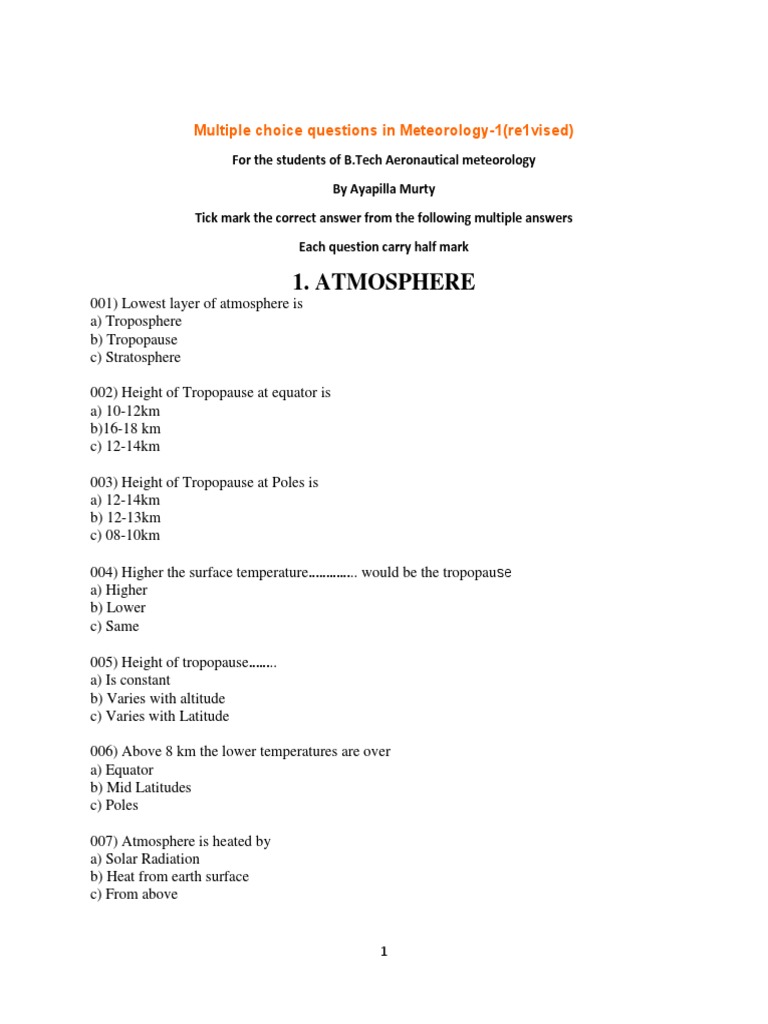Multiple Choice Questions in Aeronautica | PDF | Atmosphere Of Earth ...