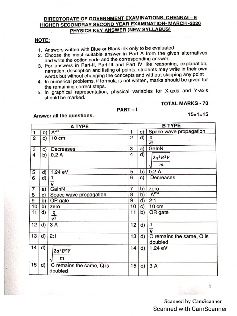 12th Physics - Official Answer Keys For Public Exam 2020 - English ...