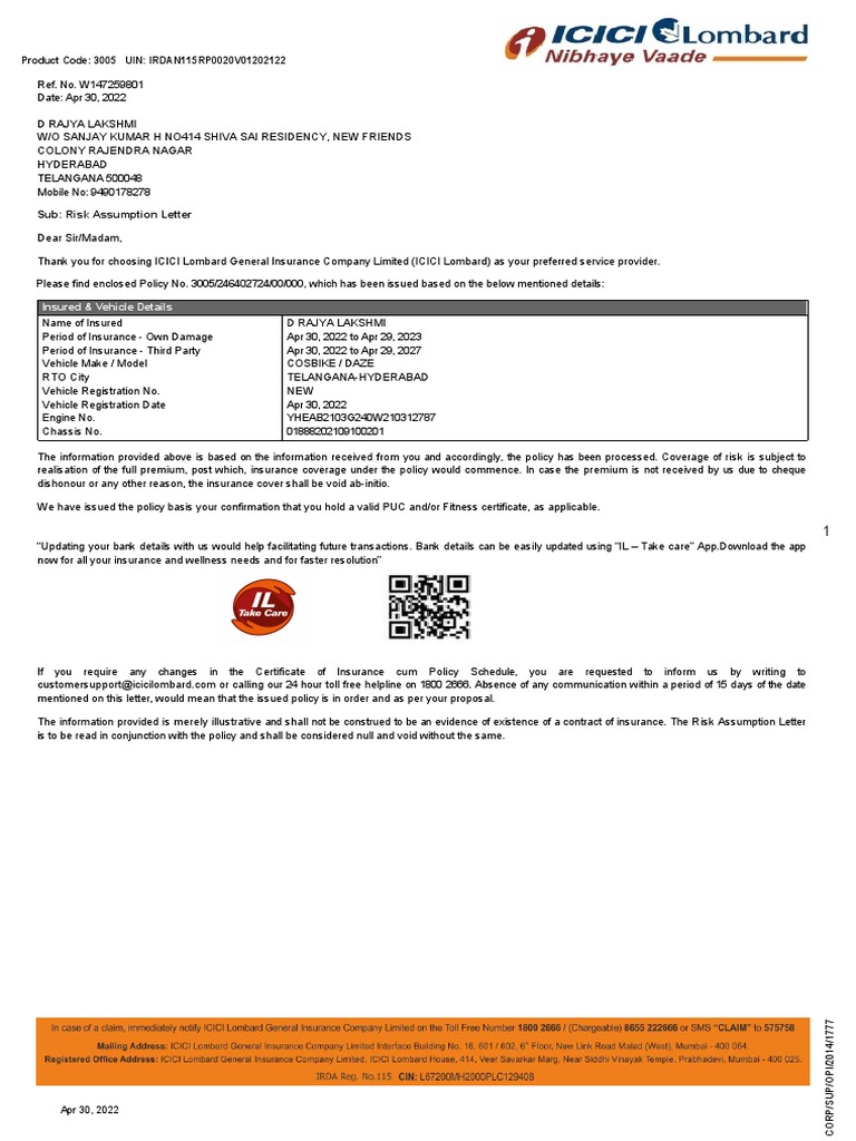 Sub: Risk Assumption Letter: Insured & Vehicle Details | PDF ...