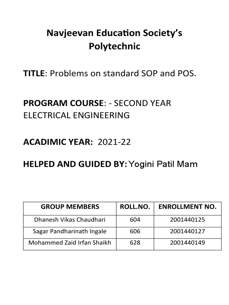 Navjeevan Education Society's Polytechnic: TITLE: Problems On Standard SOP and POS. Program ...