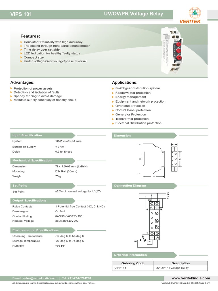 VIPS 101 UV/OV/PR Voltage Relay: Features | PDF | Relay | Voltage
