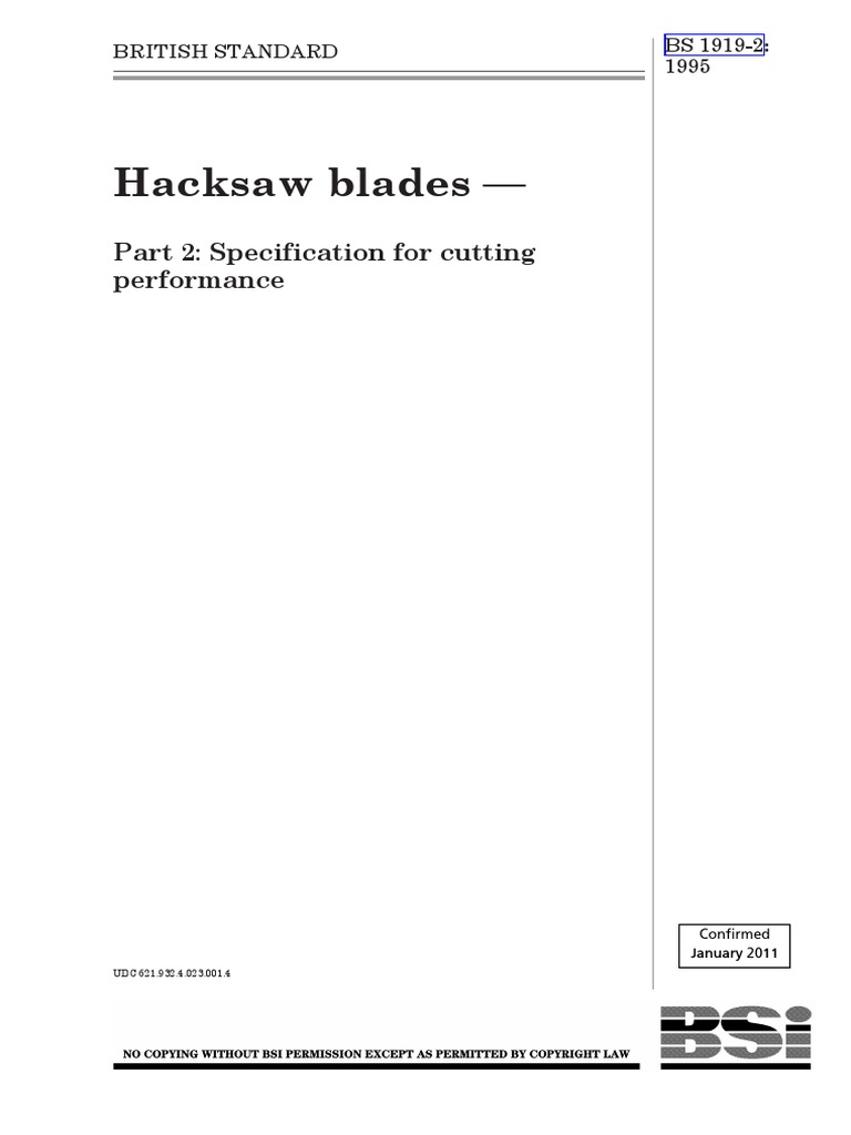 Hacksaw Blades - : Part 2: Specification For Cutting Performance | PDF ...