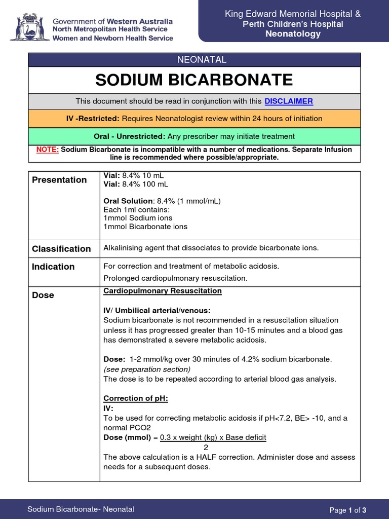 Sodium Bicarbonate: Presentation | PDF | Intravenous Therapy | Neonatology