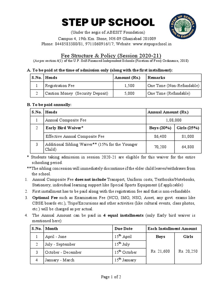 Step Up - Fee-Structure-2020-21 | PDF | Fee | Banking
