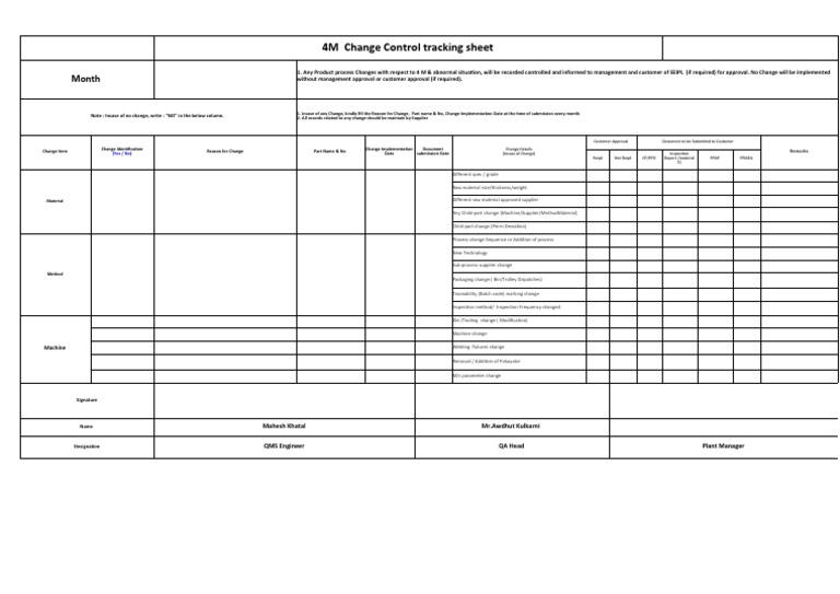 4M Change Control tracking sheet | PDF | Computing | Secondary Sector ...