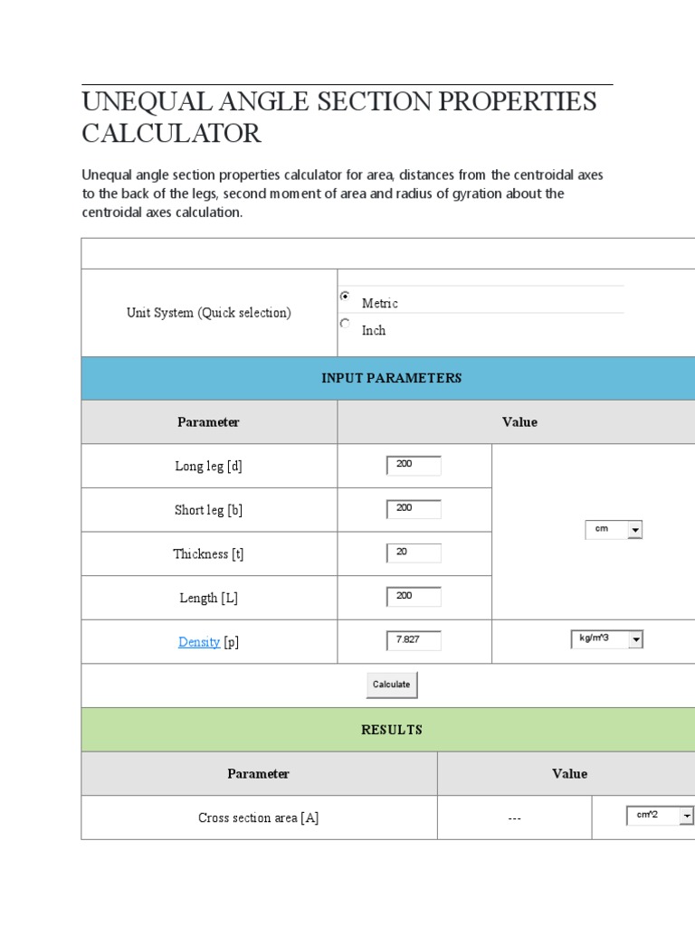 Unequal Angle Section Calculator | PDF | Area | Geometry