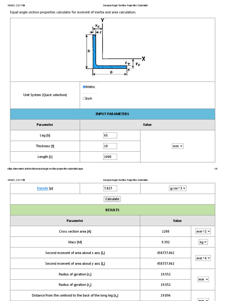 Unequal Angle Section Properties Calculator | PDF | Area | Mathematics