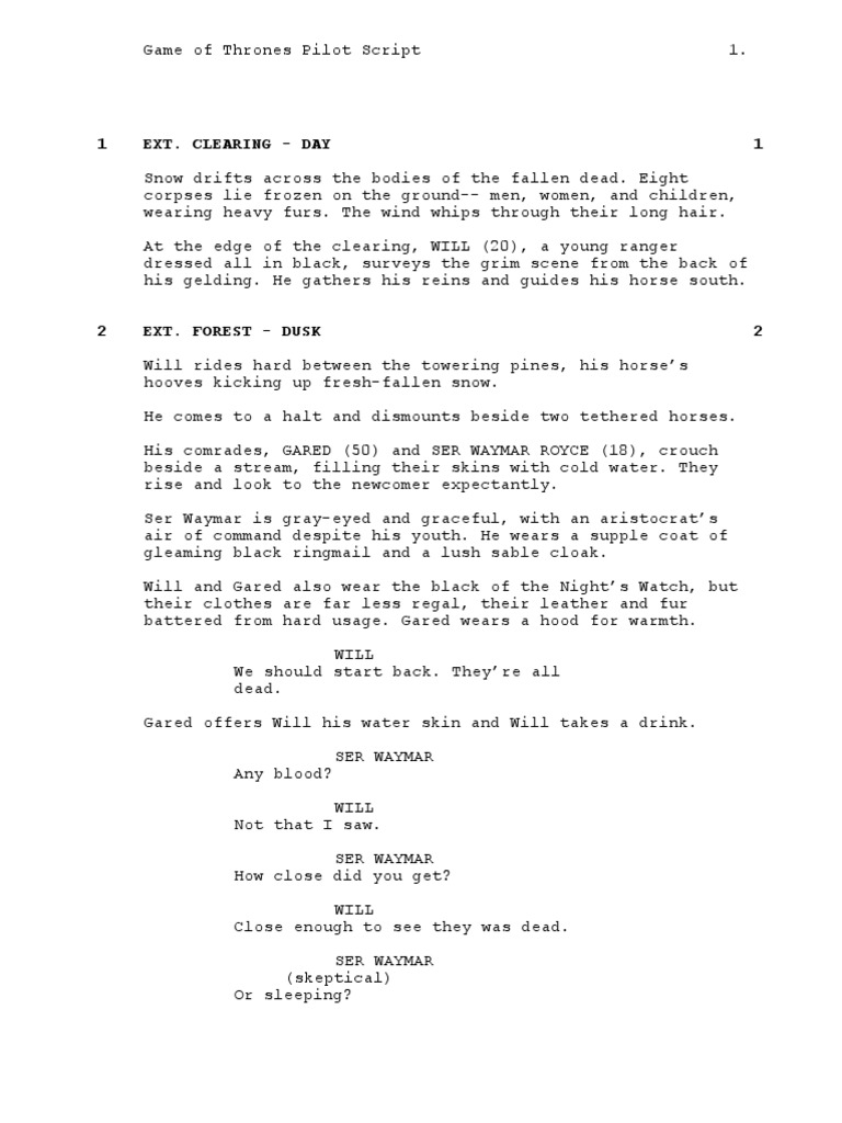 Game Of Thrones Pilot Script Pdf World Of A Song Of Ice And Fire
