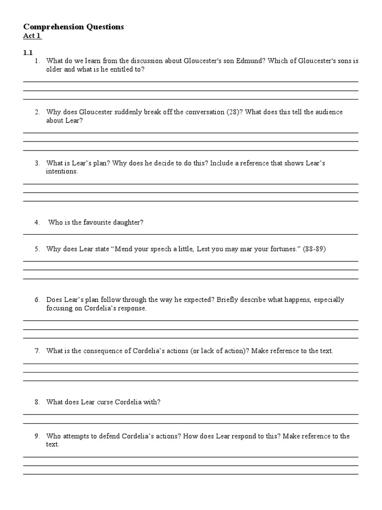 King Lear Act 1 Comprehension Questions | PDF | Language Arts & Discipline