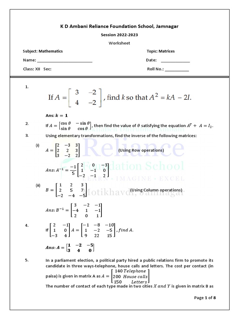 Class XII Math: Matrices Worksheet | PDF | Matrix (Mathematics ...