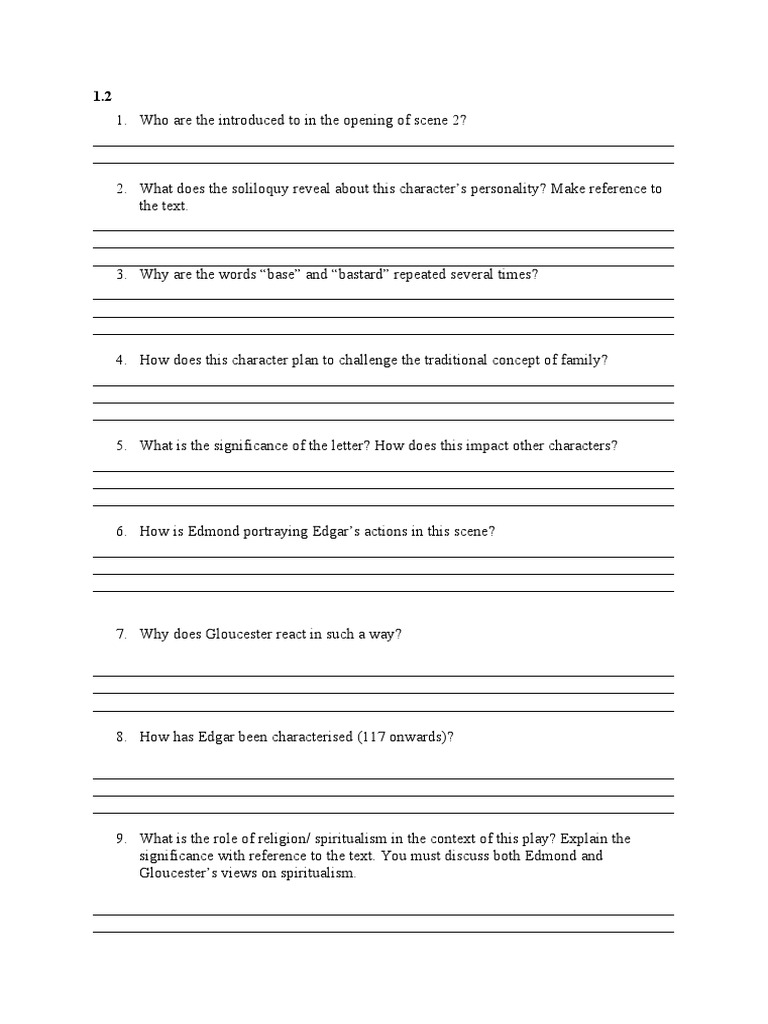 Act 1 Scene 2 Comprehension Questions | PDF