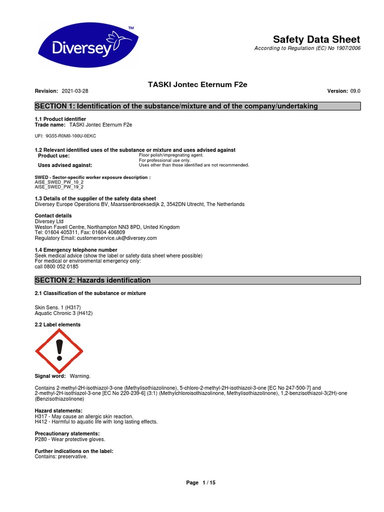 Safety Data Sheet for TASKI Jontec Eternum F2e Floor Polish ...