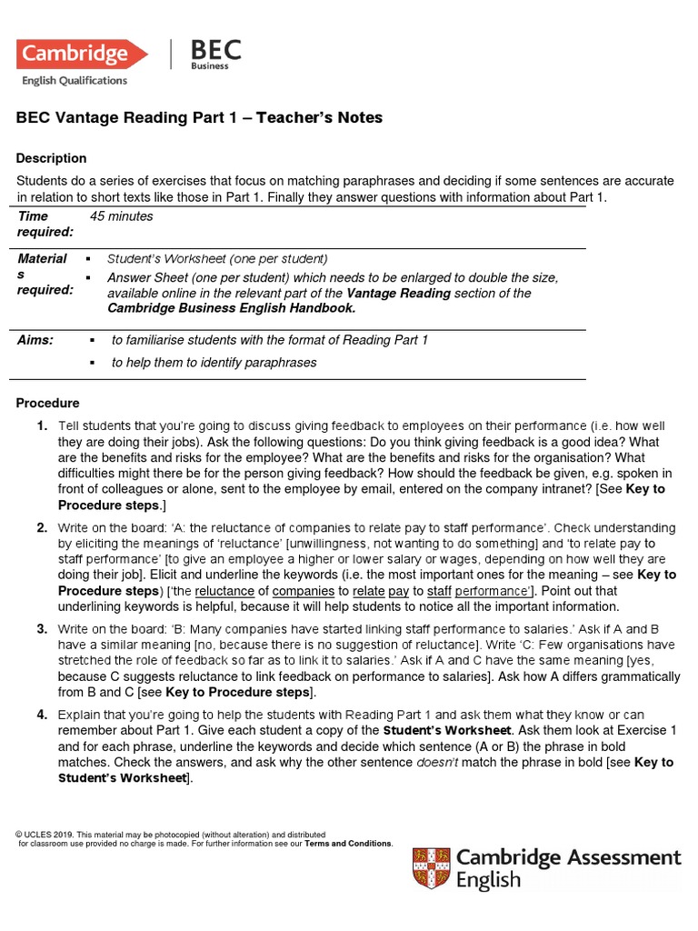 Cambridge English Business Vantage Bec Vantage Reading Part 1 | PDF ...