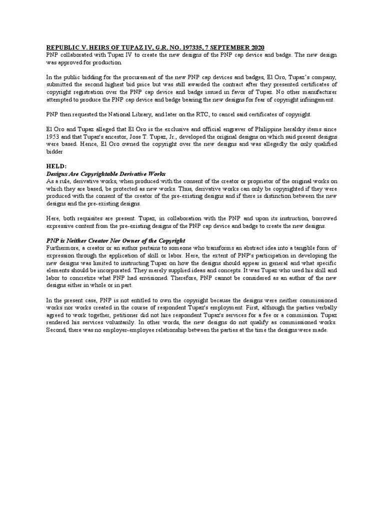 Copyright Dispute: Tupaz IV vs. PNP | PDF | Derivative Work | Copyright