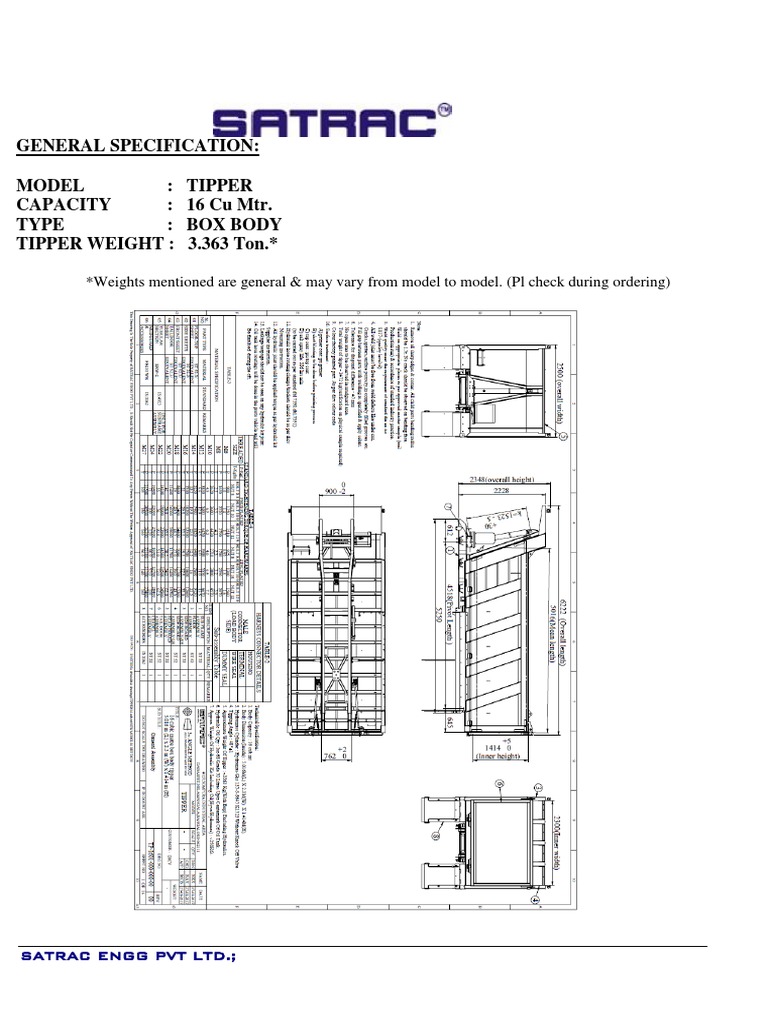 General Specification: Model: Tipper Capacity: 16 Cu Mtr. Type: Box ...