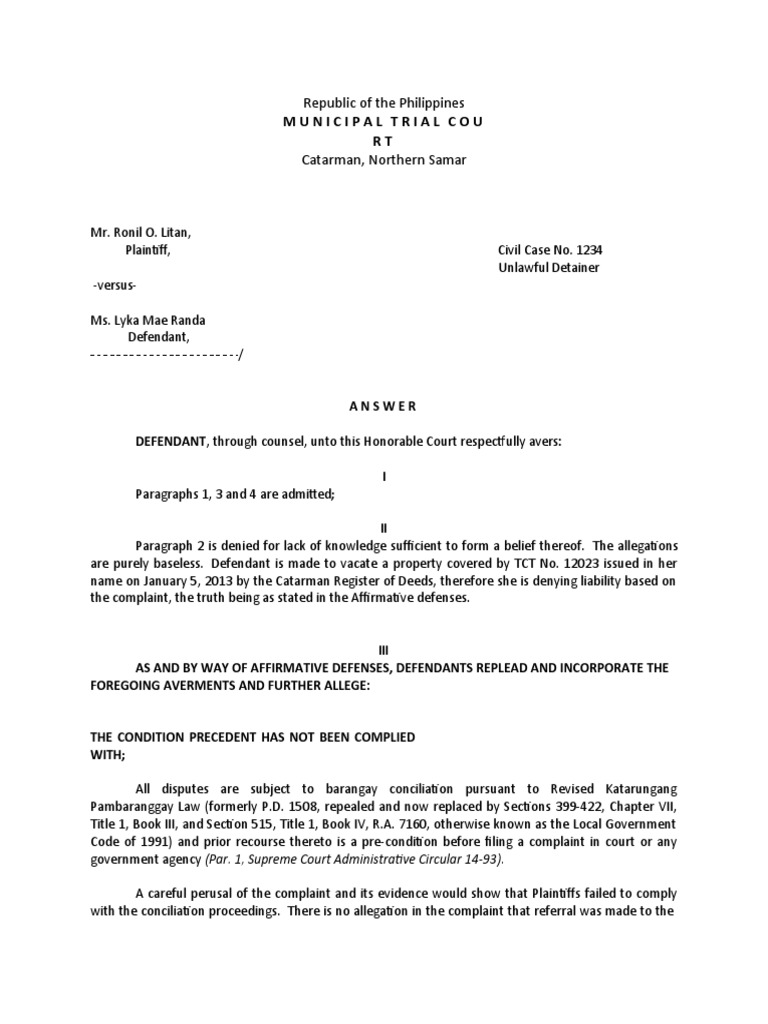 answer-pleading-unlawful-detainer | PDF | Lawsuit | Complaint